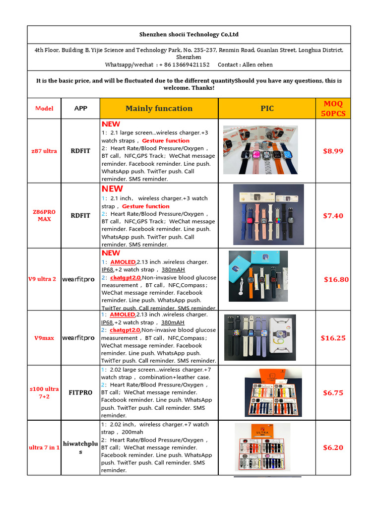 Smartwatch Price List and Features | PDF | Smartwatch | Battery Charger