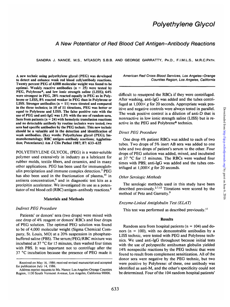 Polyethylene Glycol A New Potentiator of Red Blood Cell Antigen-Antibody Reactions1987 | PDF ...