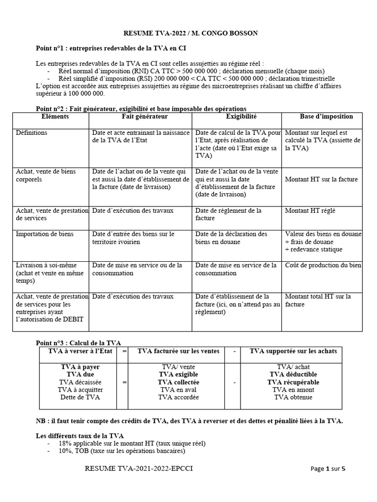TVA 2022 : Régimes et Calculs en CI | PDF | Taxe sur la valeur ajoutée ...