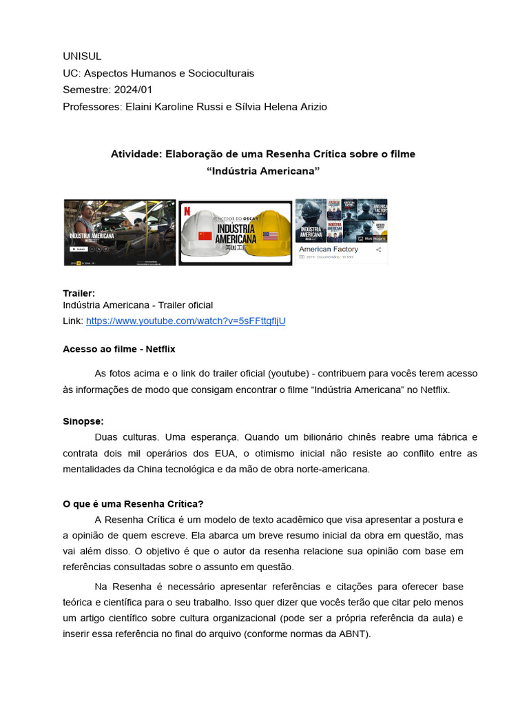 Atividade_ResenhaCrticafilmeIndstriaAmericana.docx_20240315084233 | PDF | Abstract (resumo ...