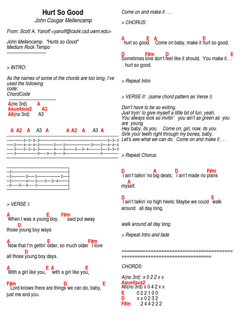 Hurt So Good Guitar Chords & Lyrics | PDF | Song Structure | Musicology