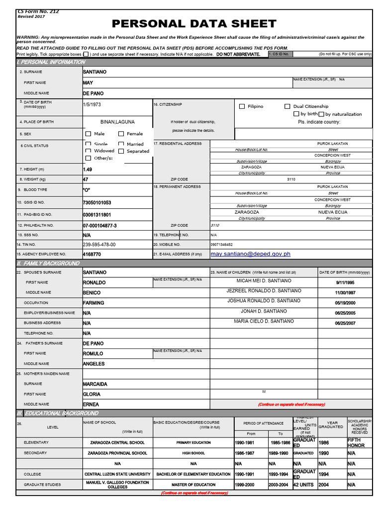 Personal Data Sheet Guide | PDF