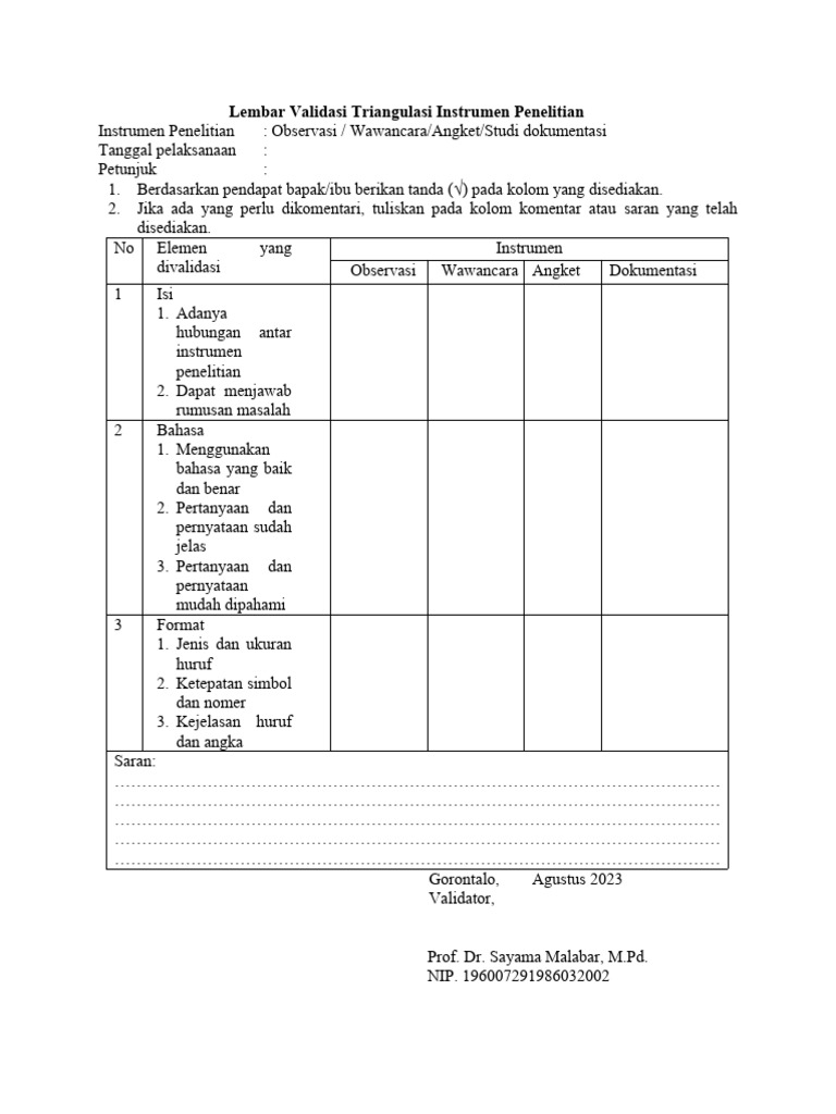 Lembar Validasi Triangulasi Instrumen Penelitian Dan Surket | PDF ...
