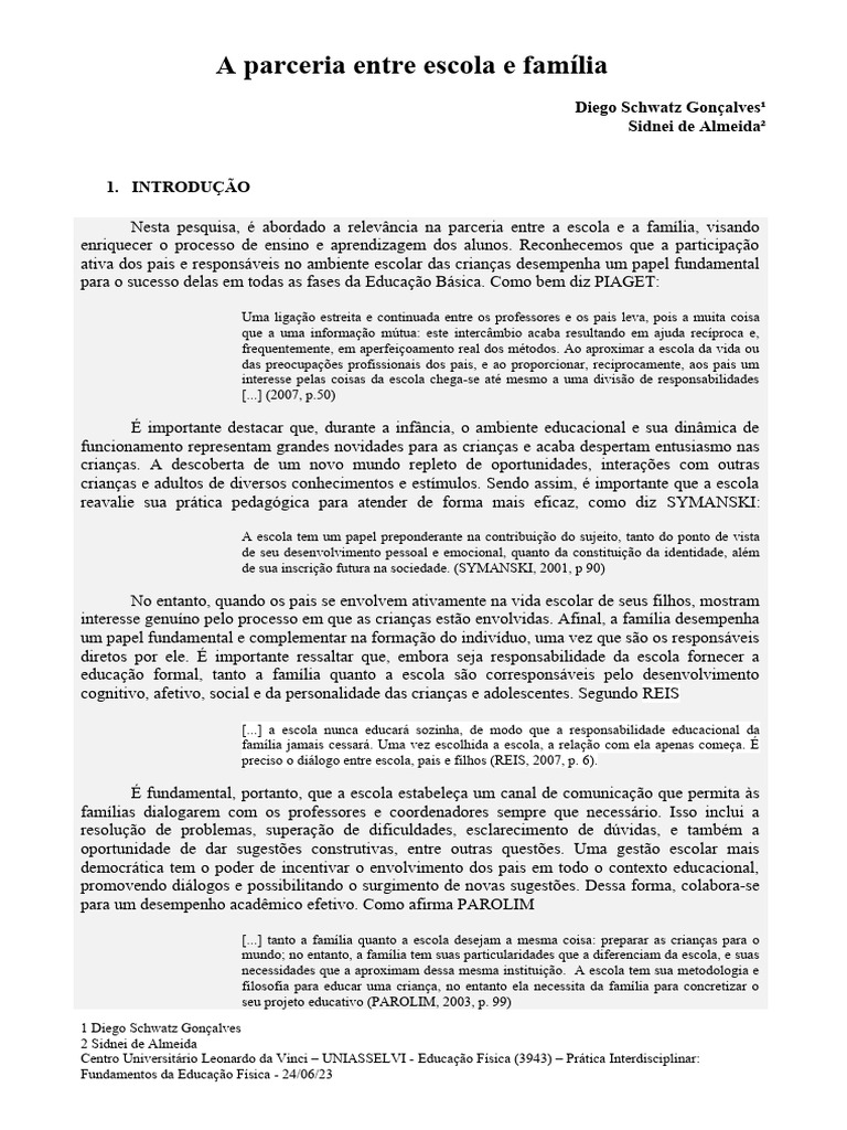 A Parceria Entre Escola e Família EDITADO | PDF | Família | Escolas
