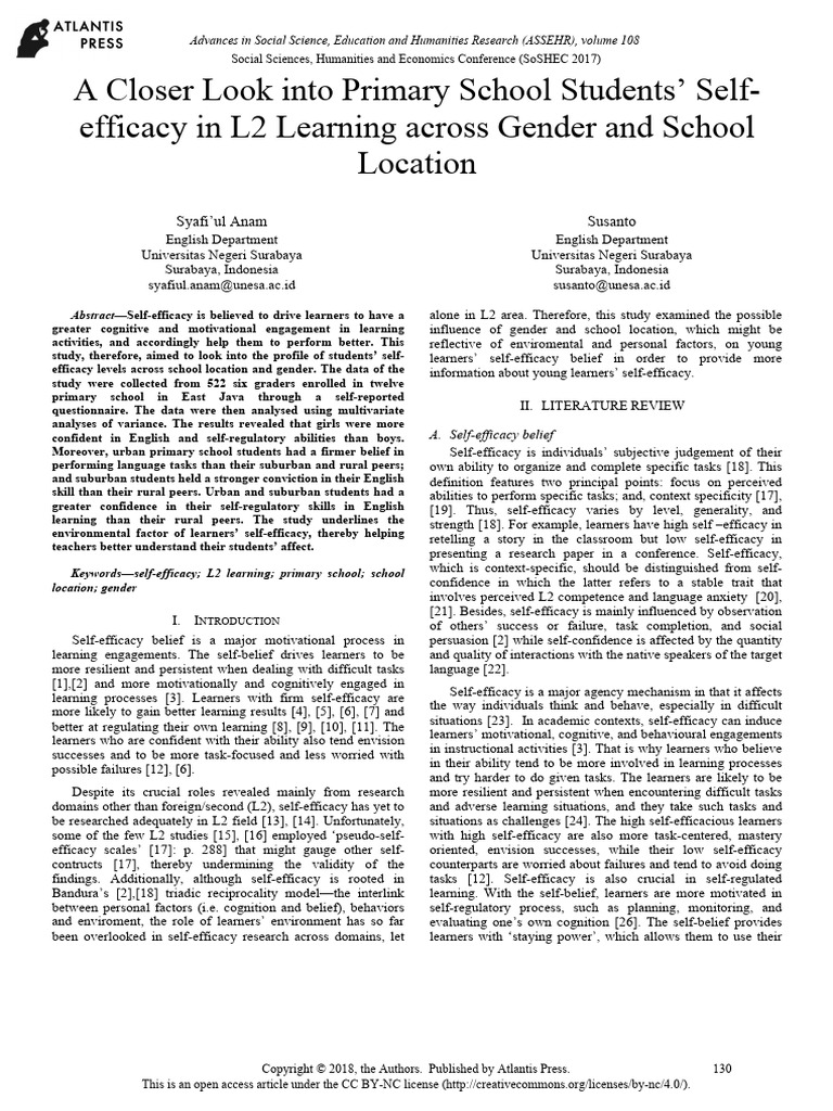 A Closer Look Into Primary School Students' Self-Efficacy in L2 Learning Across Gender and ...