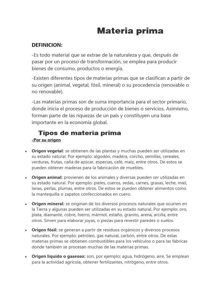 Tipos de Materias Primas y su Origen | PDF | Materia prima | Energía ...