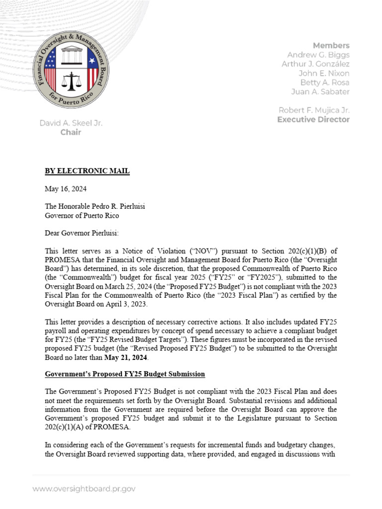 FOMB - Letter - Governor - CW FY25 Budget NoV - May 16, 2024 | PDF ...