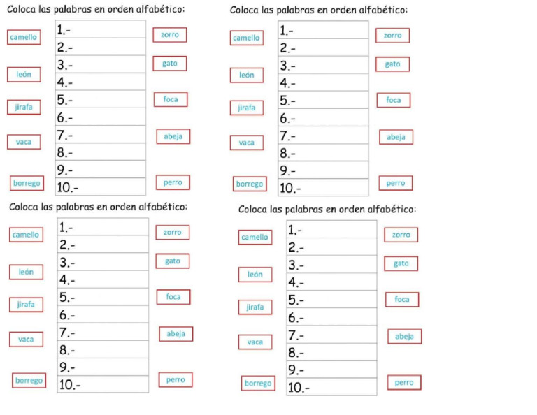 Coloca Las Palabras en Orden Alfabético | PDF