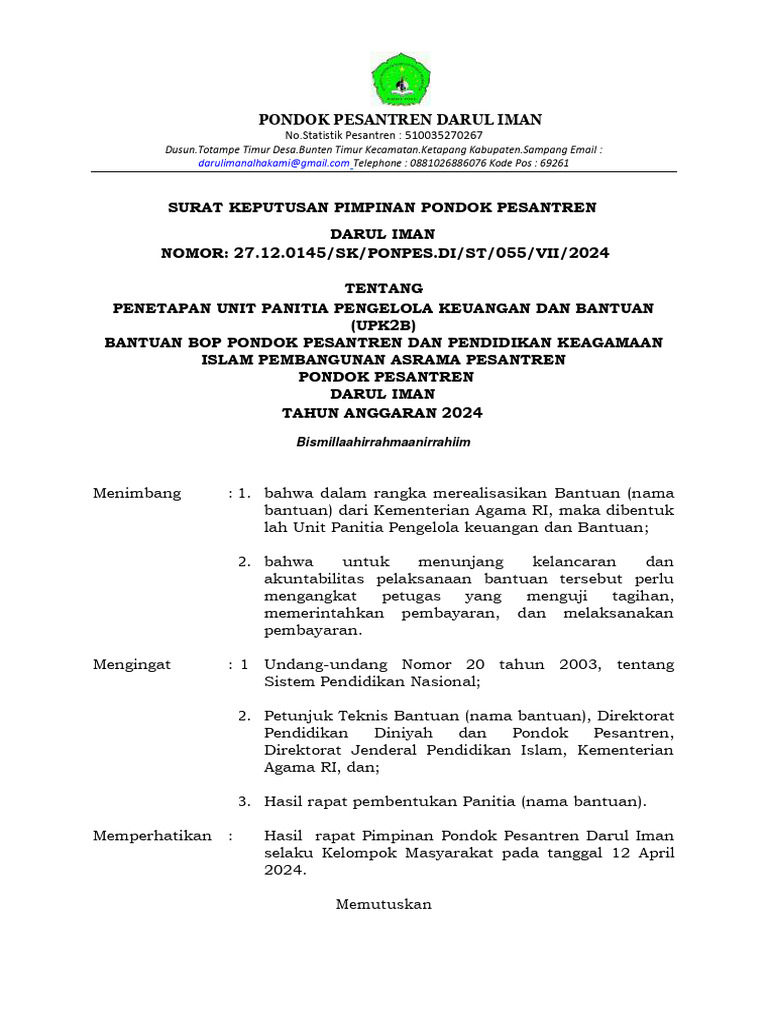 Salinan Surat Keputusan Pimpinan Pesantren Tentang UPK2B | PDF
