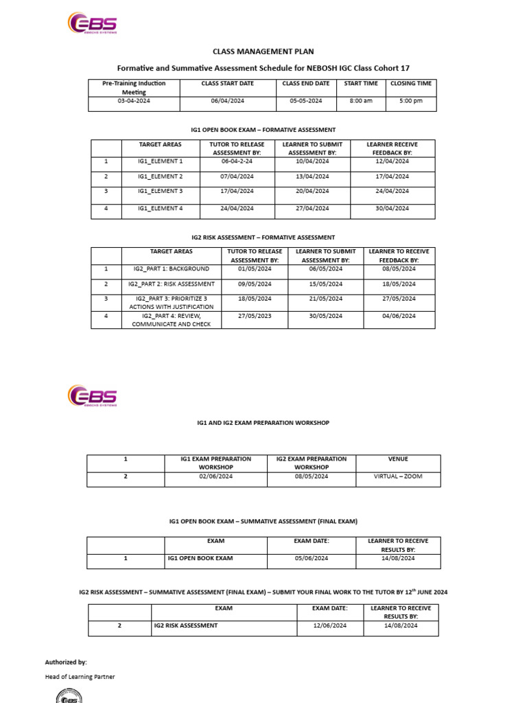 Class Management Plan For NEBOSH IGC Cohort 17 | PDF | Education Theory ...