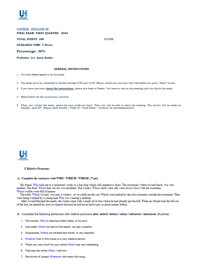 English III, Final Exam, I-2024 | PDF | Fair Trade