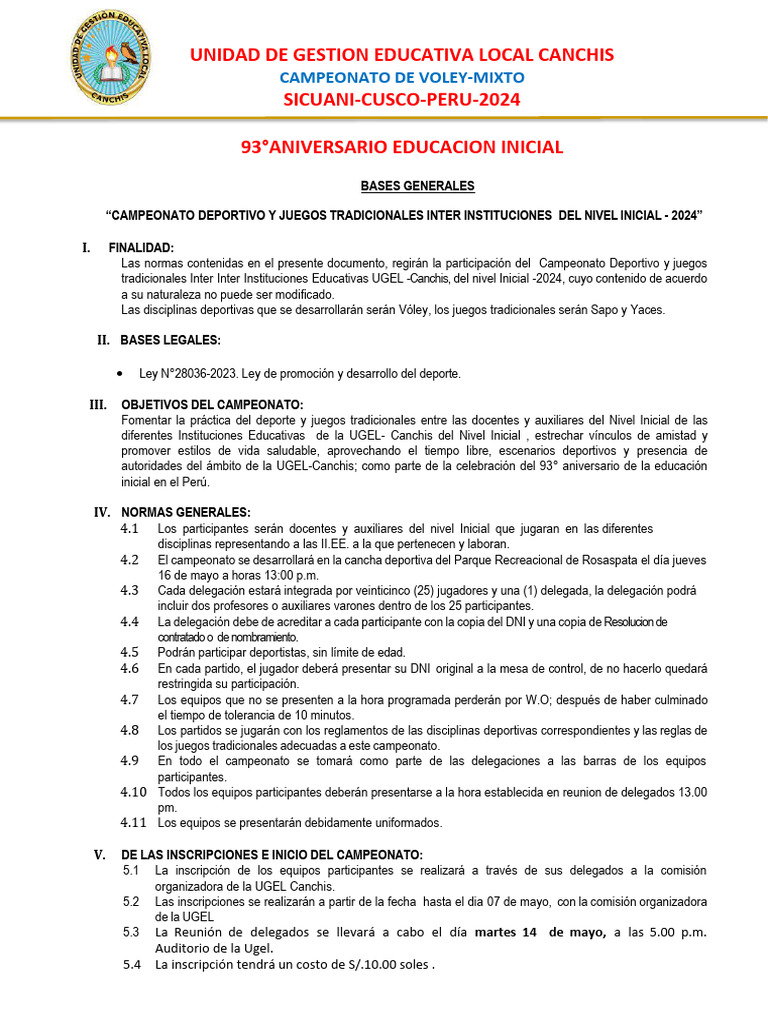 Bases de Juegos Deportivos Por El 93° Aniversario de Educacion Inicial - Ugel Canchis | PDF ...