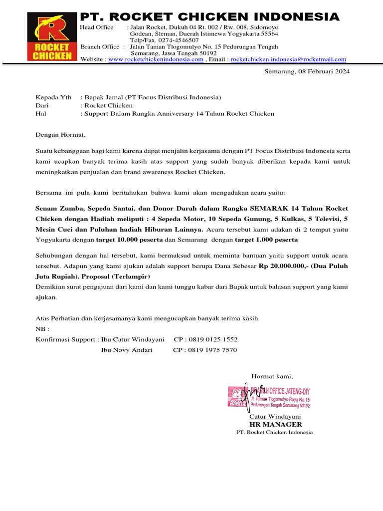 Surat Pengajuan Support Anniversary 14 Tahun RC - PT Focus Distribusi Indonesia | PDF