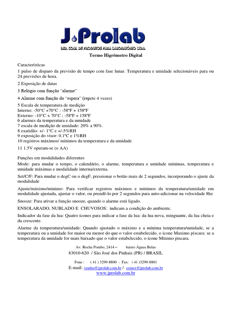 Manual Do Termo-Higrômetro Digital Da J Prolab | PDF | Lua | Umidade