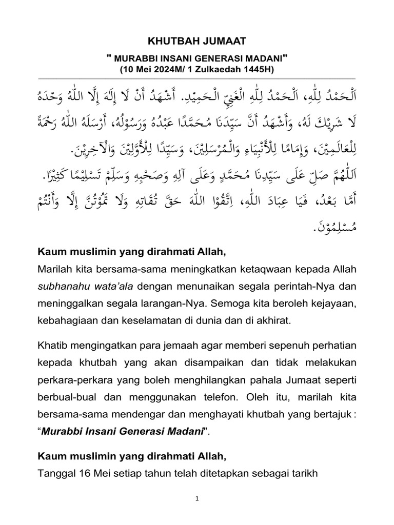 Khutbah Jumaat 10 Mei 2024 (Murabbi Insani Generasi Madani) | PDF