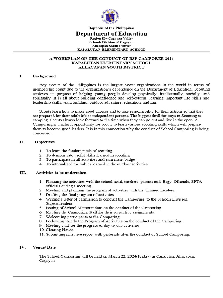 A Workplan On The Conduct of BSP Camporal | PDF | Scouting | Outdoor ...