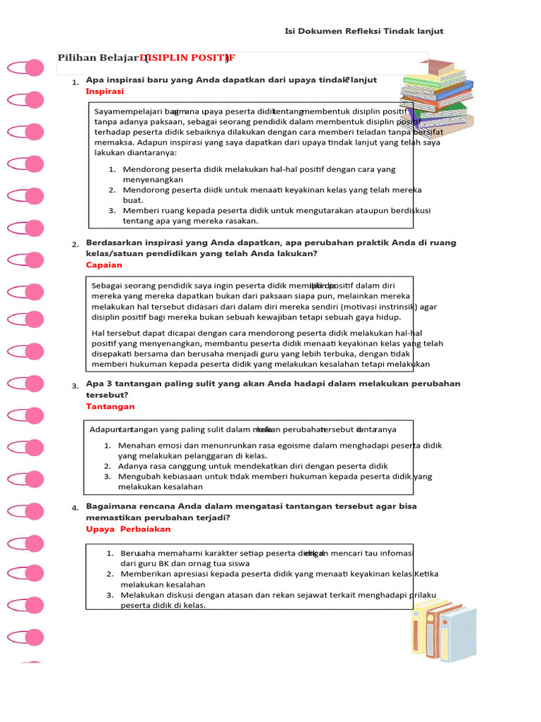 Isi Dokumen Refleksi Tindak Lanjut (Disiplin Positif) | PDF
