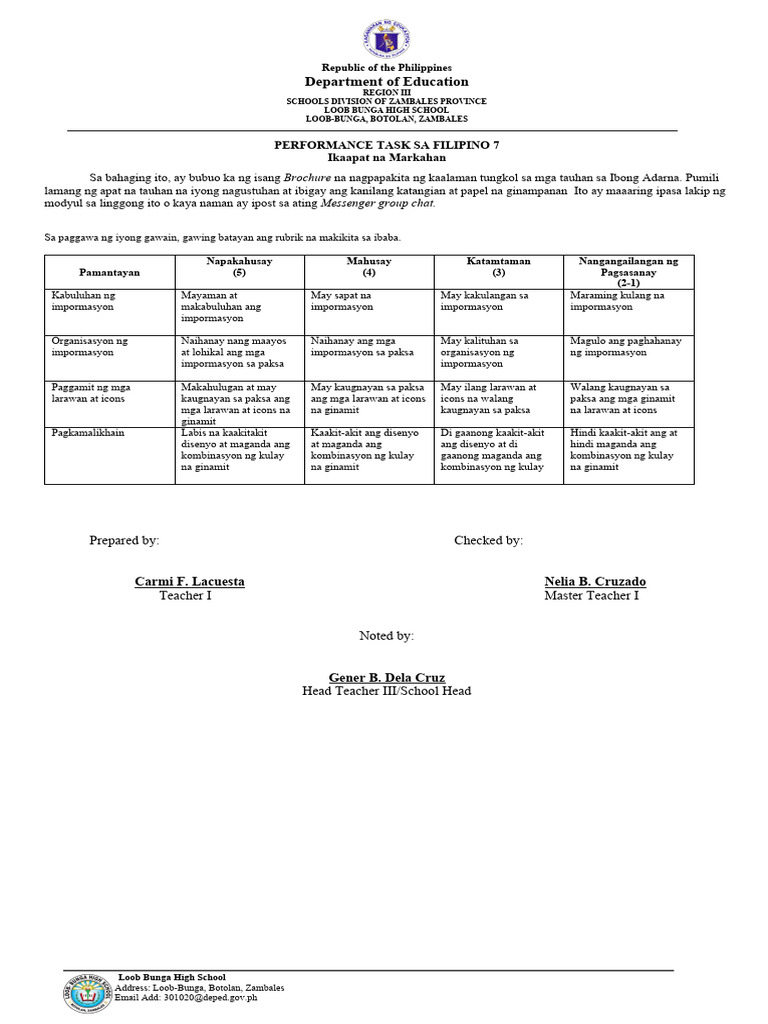 PERFORMANCE TASK SA FILIPINO 7 q4 | PDF