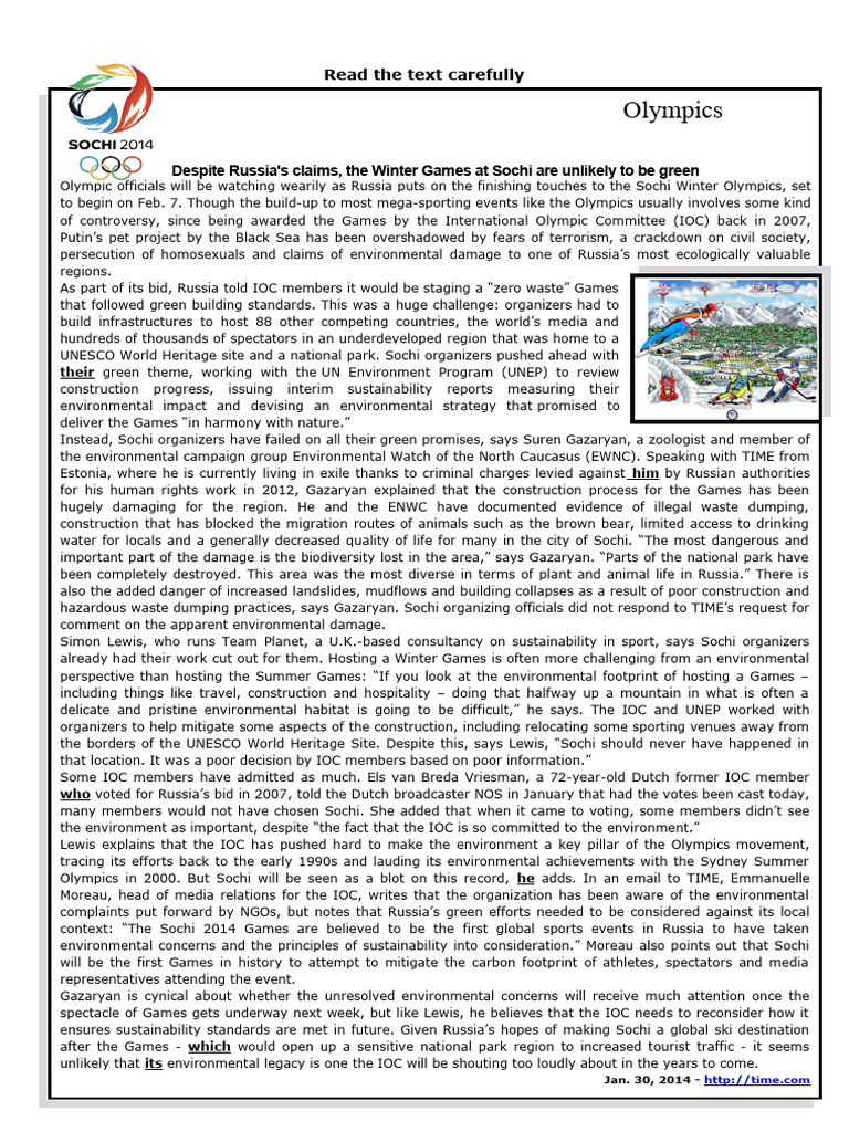 The Not So Sustainable Sochi Winter Olympics Reading Comprehension ...