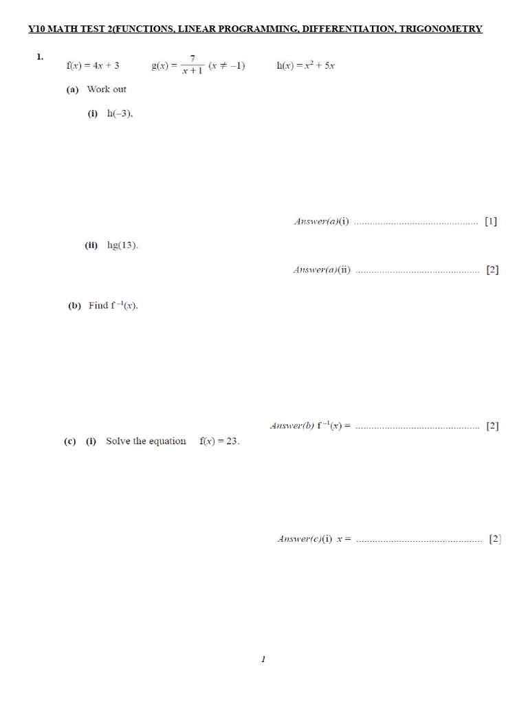 Y10 Test 2 Functions Linear Prog Differentiation Trigo | PDF