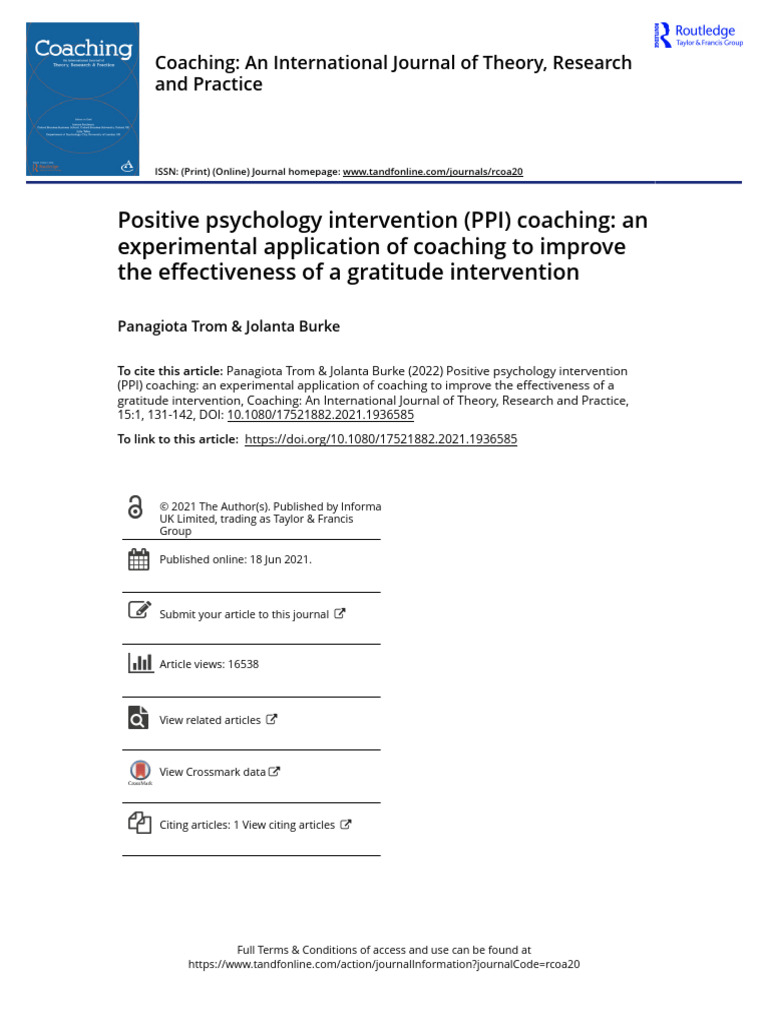 Positive Psychology Intervention PPI Coaching An Experimental ...