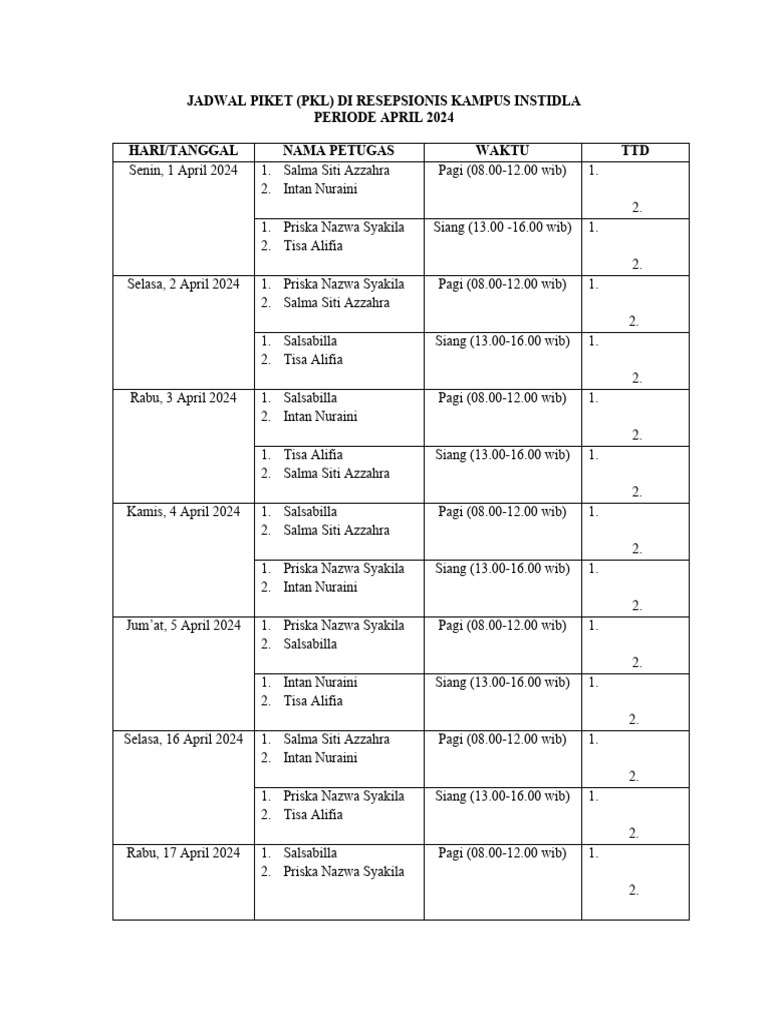 Jadwal Piket Resepsionis April | PDF