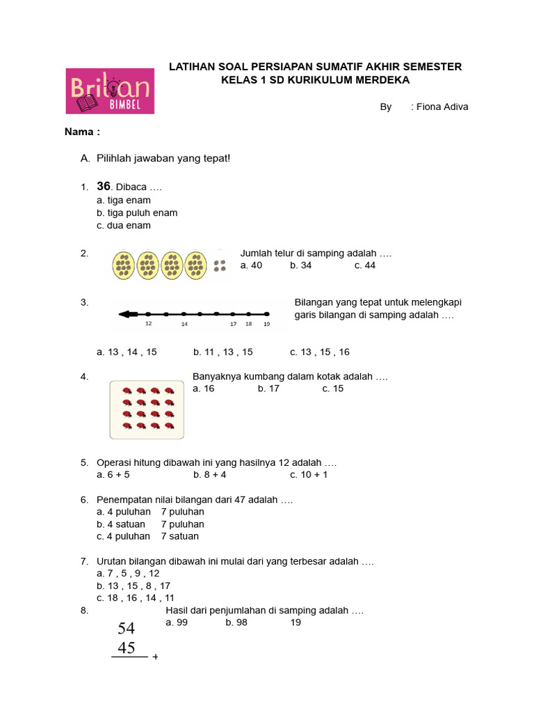 Latihan Soal Persiapan Sumatif Akhir Semester Kelas 1 SD Kurikulum Merdeka | PDF