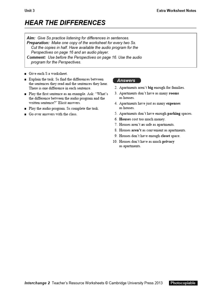 Interchange4thEd Level2 Unit03 Extra Worksheet | PDF
