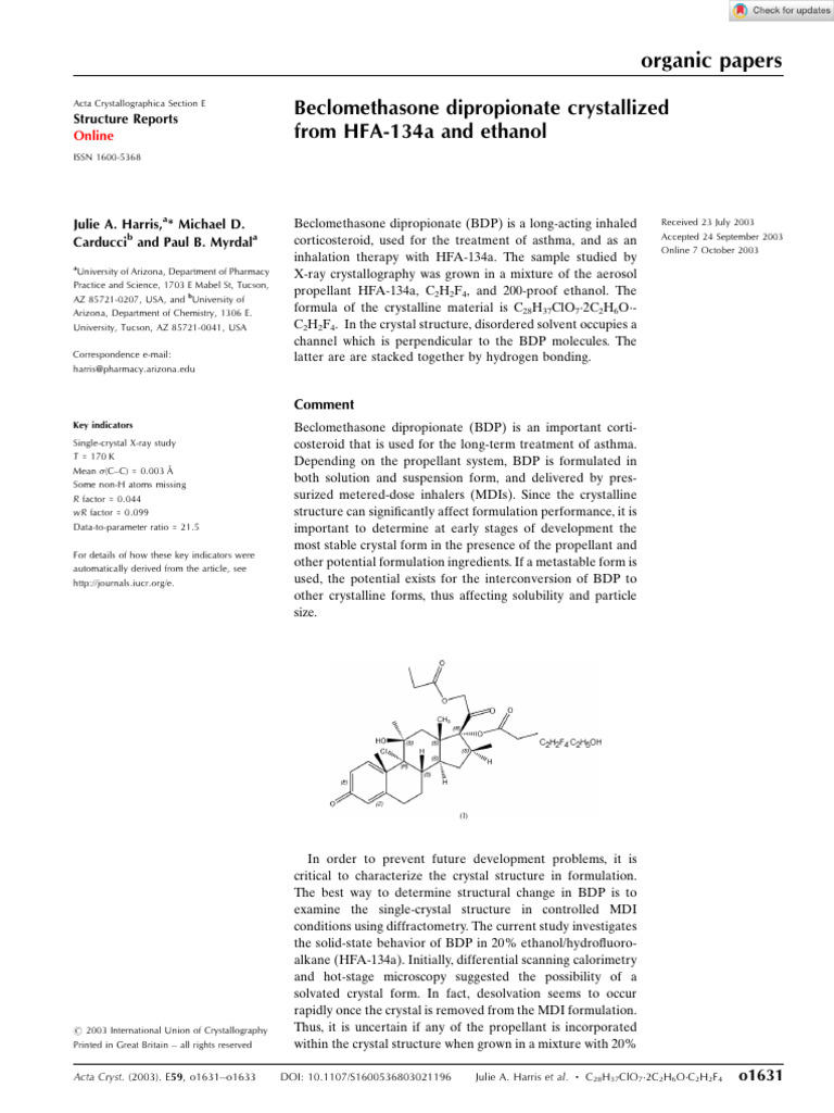 Beclomethasone Dipropionate Crystallized From HFA 134a and Ethanol ...