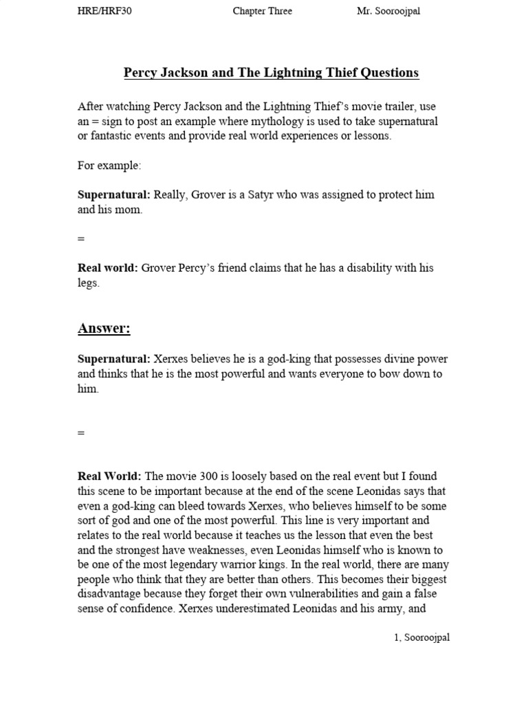 Greek Mythology - Percy Jackson and The Lightning Thief Questions | PDF