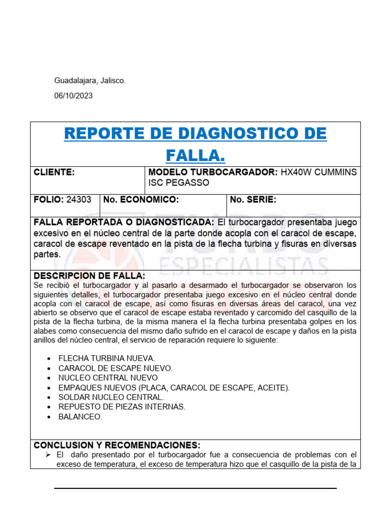Reporte Falla 4 | Descargar gratis PDF | Turbocompresor | Ingeniería ...
