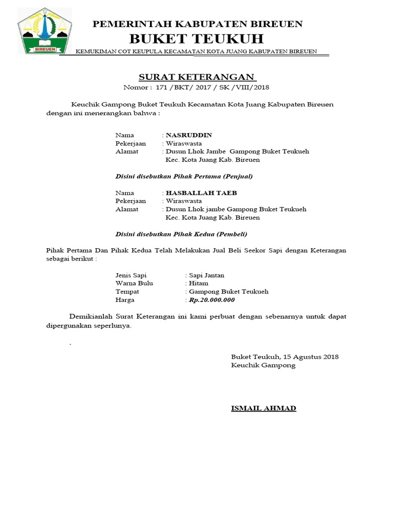 Surat Keterangan Jual Beli Sapi BKT | PDF