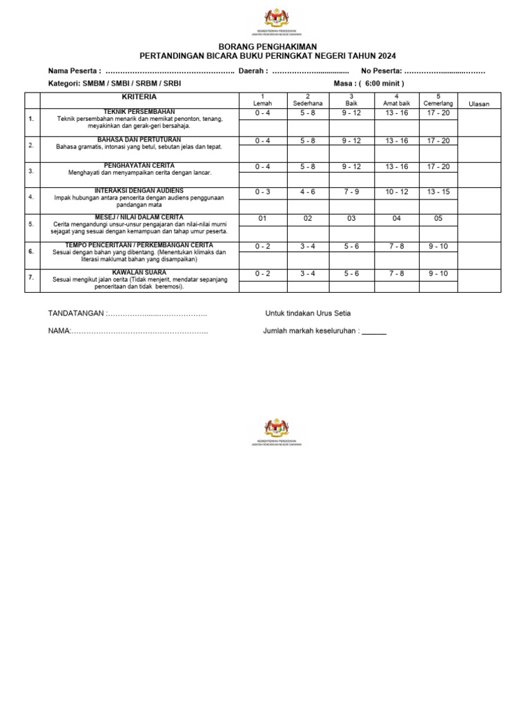 Skema Pemarkahan Pertandingan Bicara Buku Negeri Tahun 2024 | PDF ...