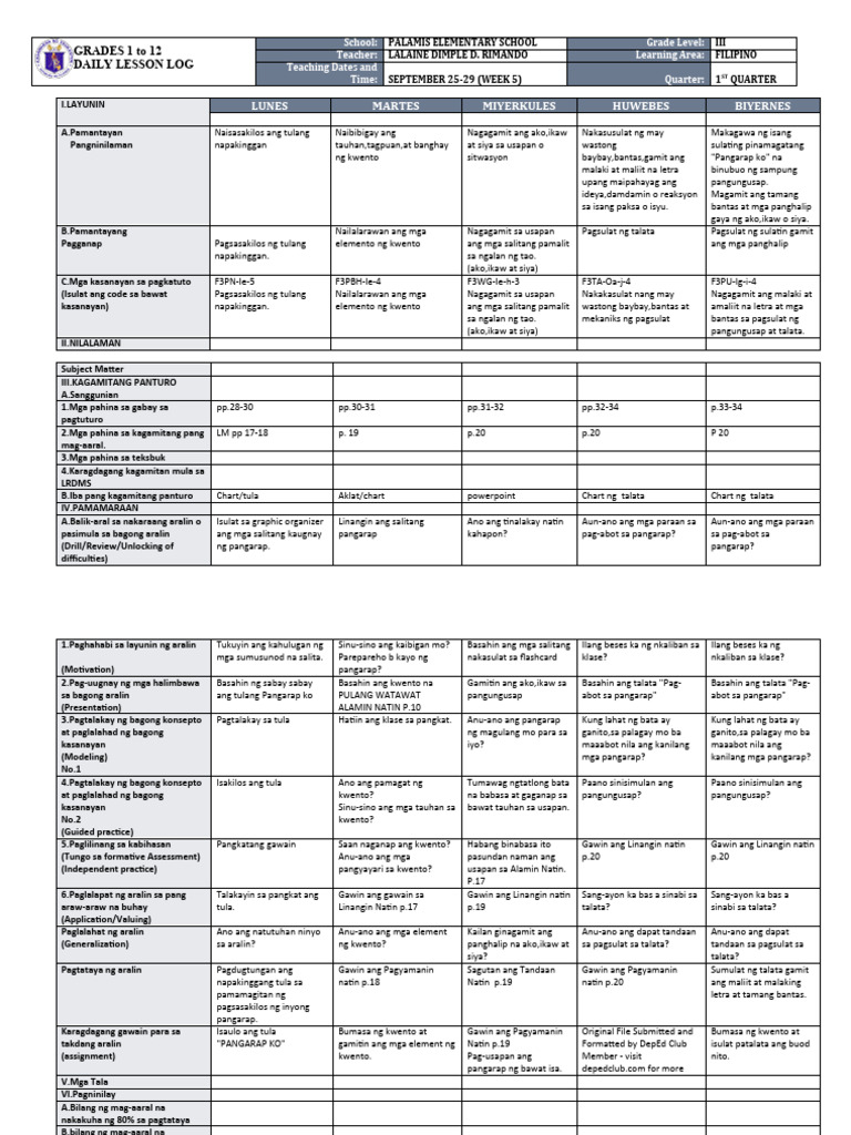 DLL - Filipino 3 - Q1 - W5 | PDF