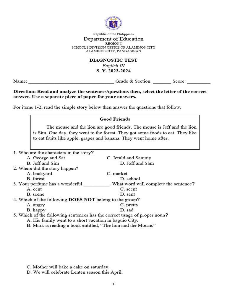 English III Diagnostic Test 2023-2024 | PDF | Linguistic Typology ...