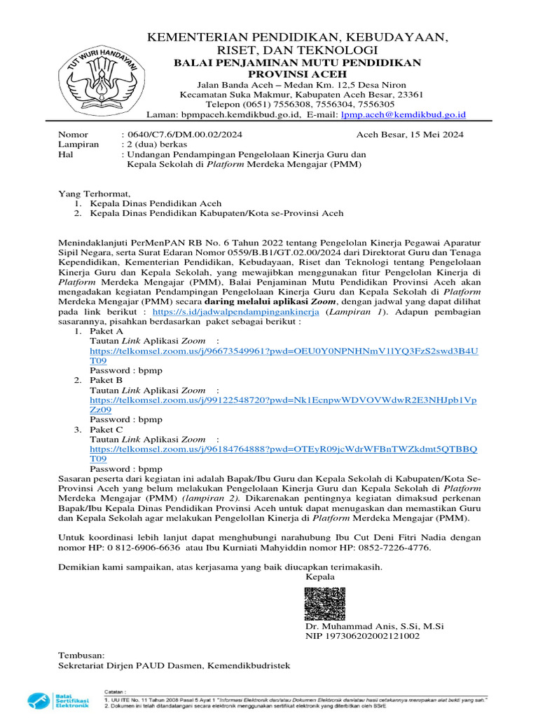 Undangan Peserta Pendampingan Pengelolaan Kinerja Guru Dan Kepsek Ke PMM | PDF