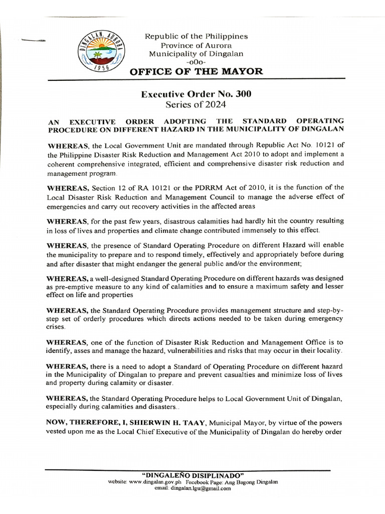 Eo No. 300 An Executive Order Adopting The Standard Operating Procedure ...