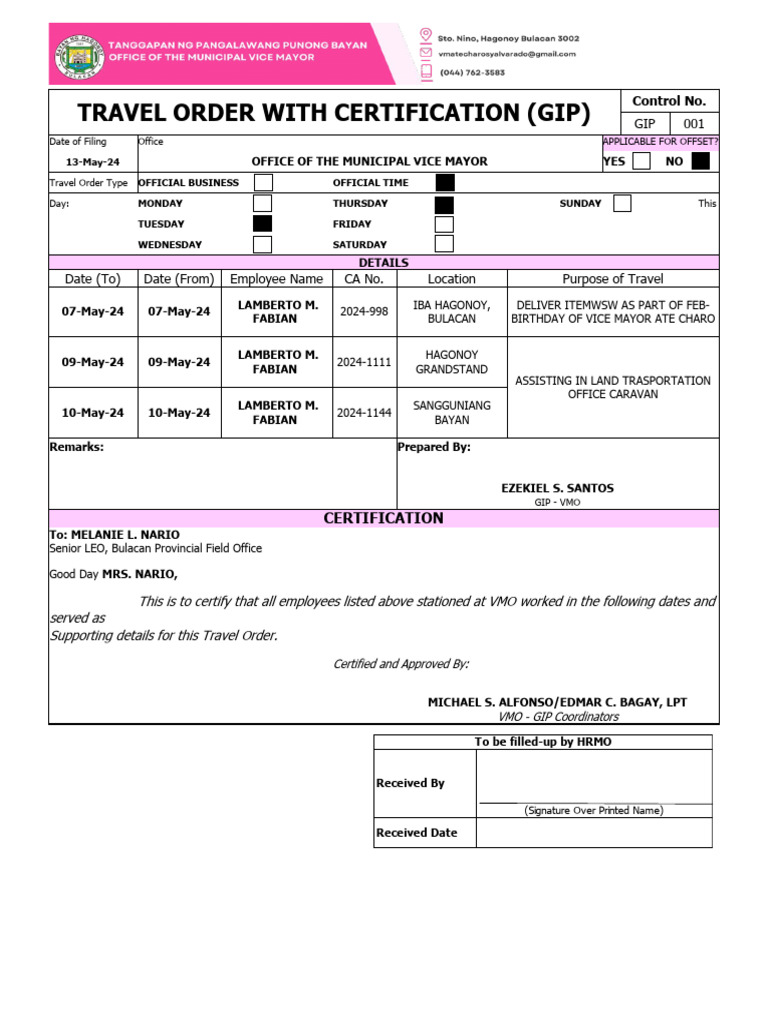 Travel Order Certification for Official Business | PDF