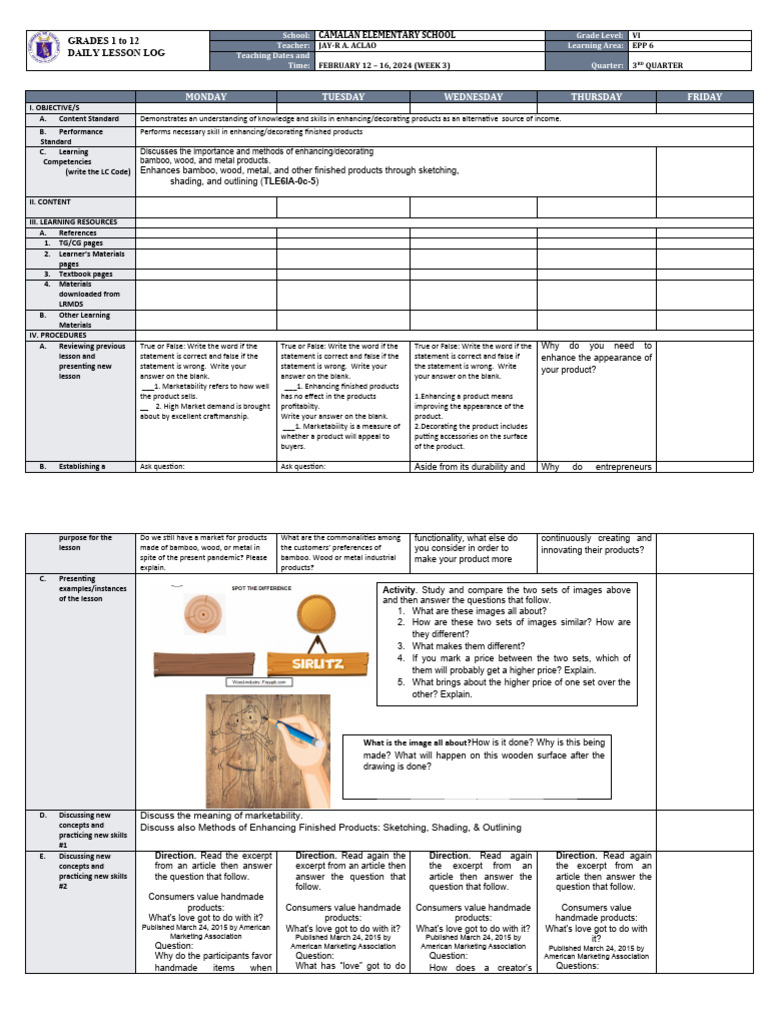 DLL - Mapeh-Arts 6 - Q3 - W3 | PDF | Learning | Cognition