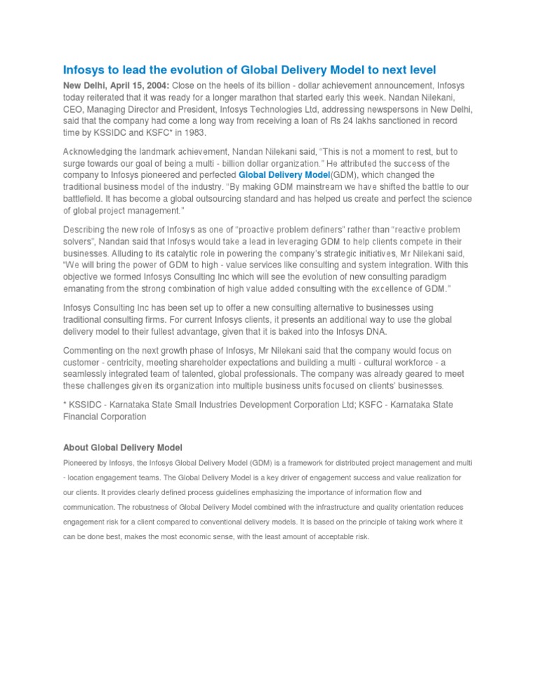 Infosys to Lead Evolution of Global Delivery Model | PDF | Project ...
