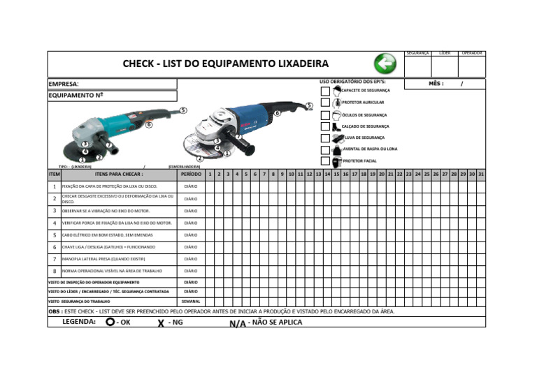 Check List Máquinas e Equipamentos Lixadeira | PDF