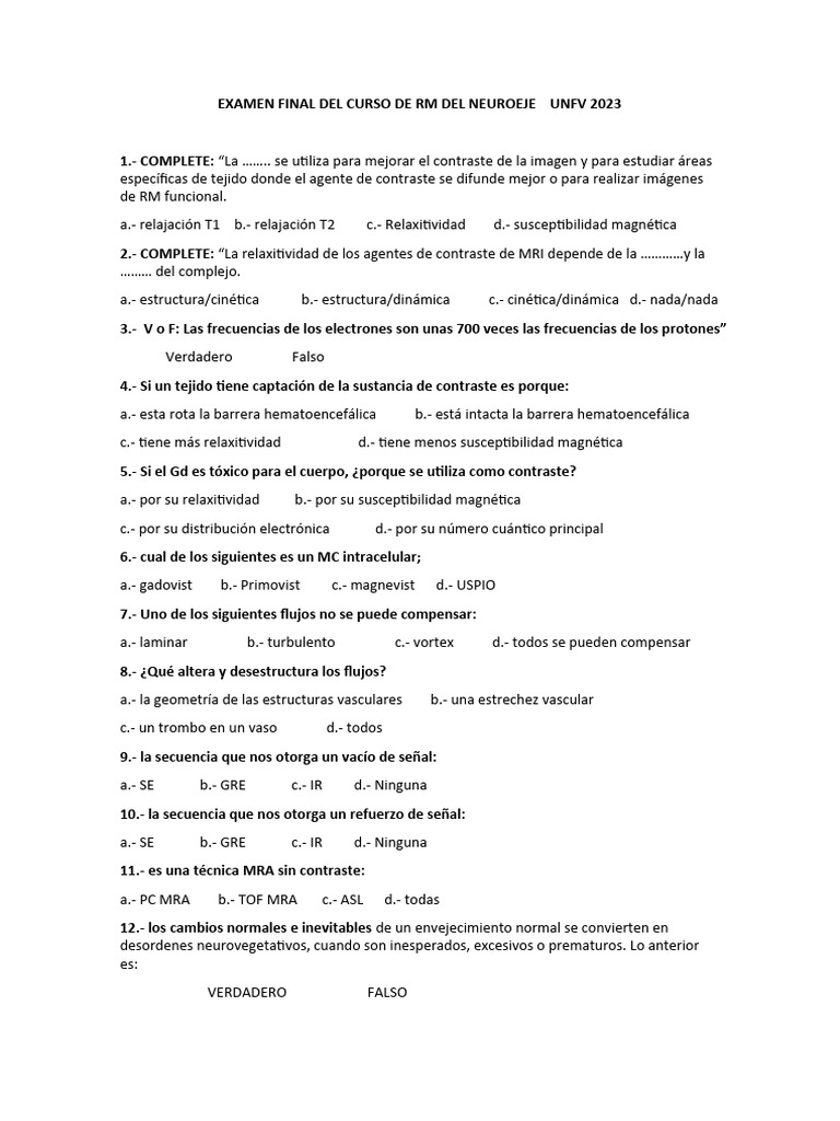 Examen Final RM Neuroeje UNFV 2023 | PDF | Neuroimagen | Neurociencia