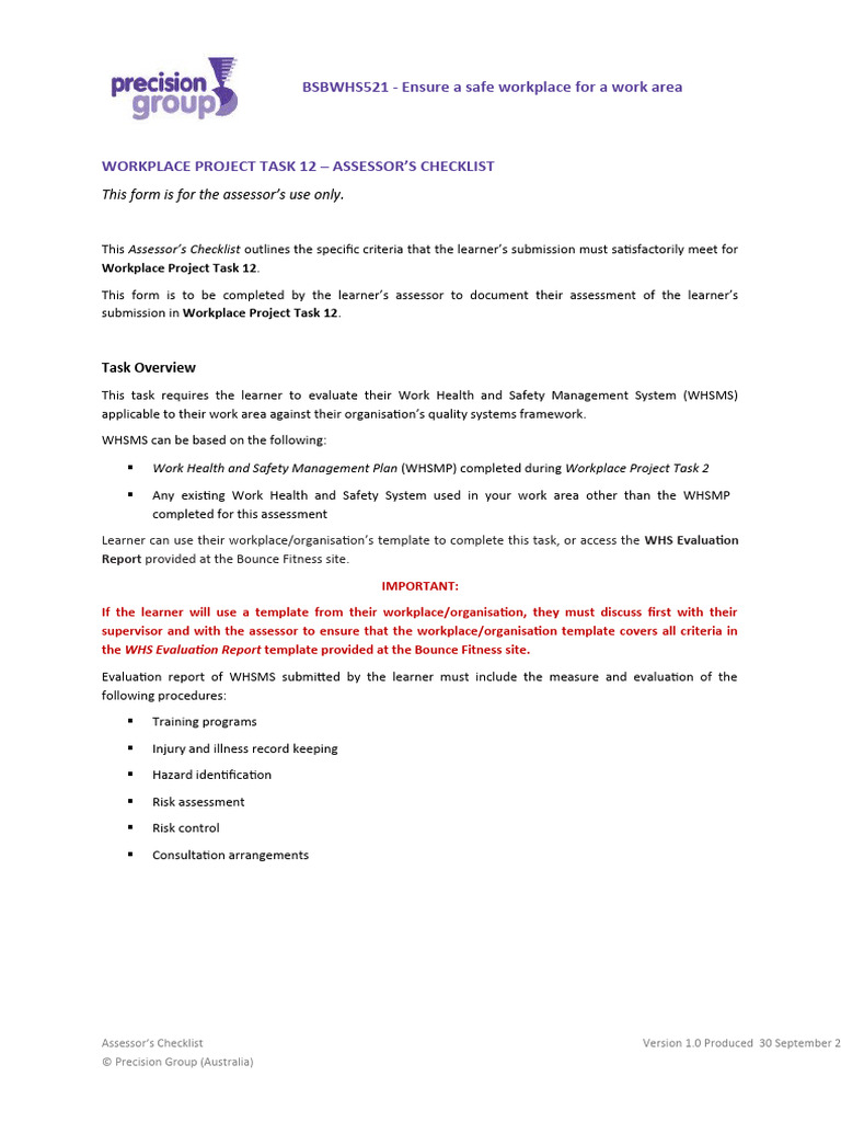 WHS521-Workplace-Project-Task-12-Assessors-Checklist1 | PDF | Risk ... WHS521-Workplace-Project-Task-12-Assessors-Checklist1 | PDF | Risk ...