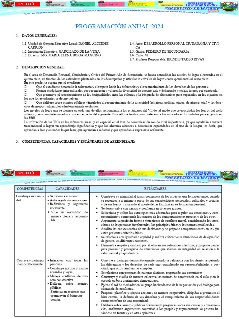 Programacion Anual DPCC 1RO DE SECUNDARIA | PDF | Aprendizaje | Evaluación