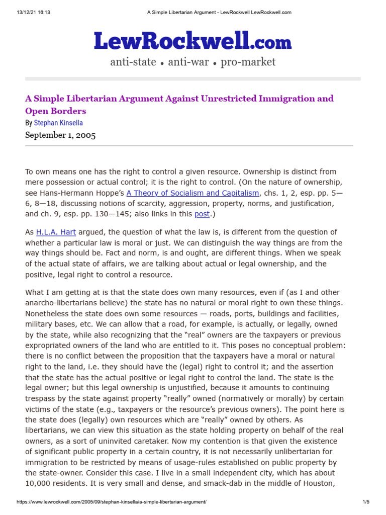 Kinsella - A Simple Libertarian Argument Against Unrestricted Immigration and Open Borders ...