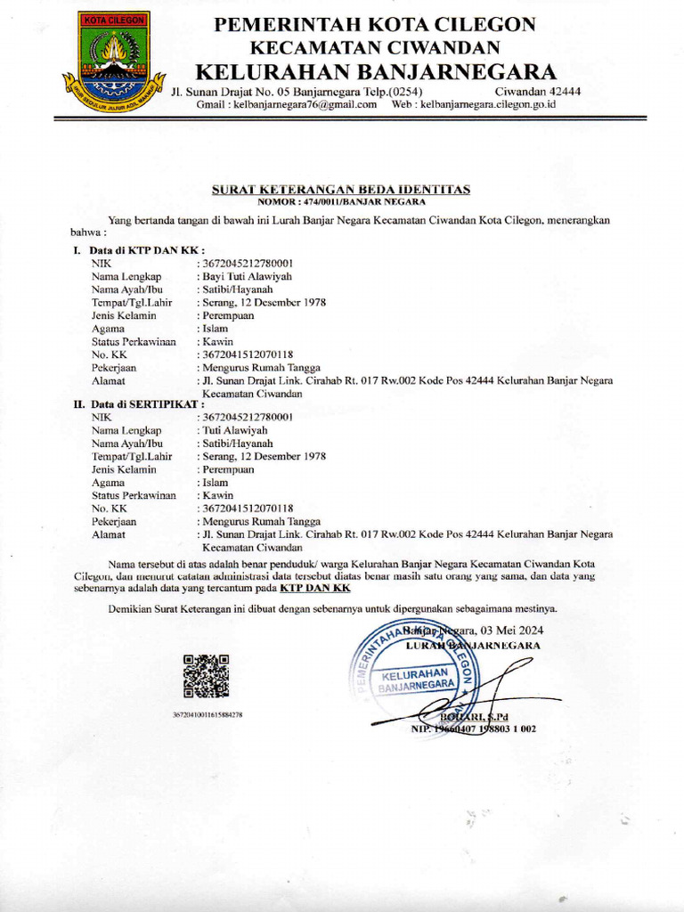 Surat Keterangan Beda Identitas Bayi Tuti Alawiyah | PDF