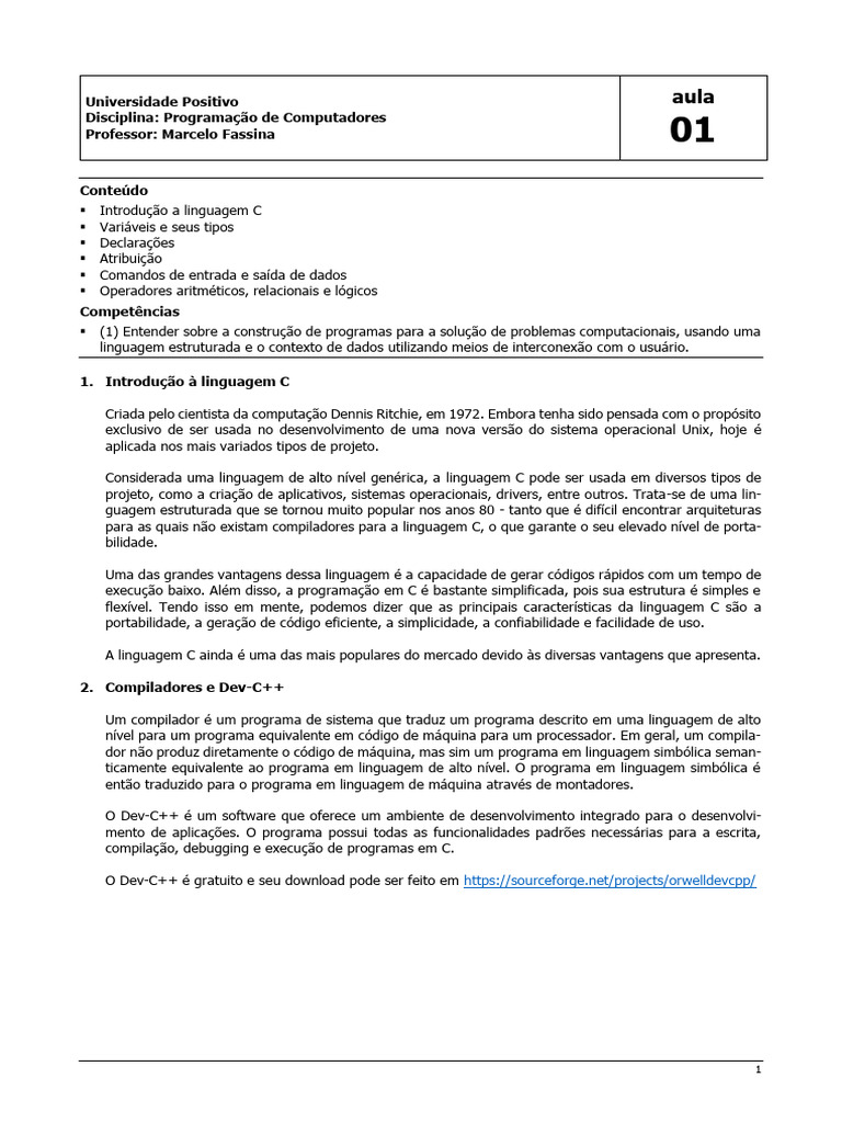 01 - Introdução À Linguagem C - Material de Estudo | PDF | Linguagem de ...