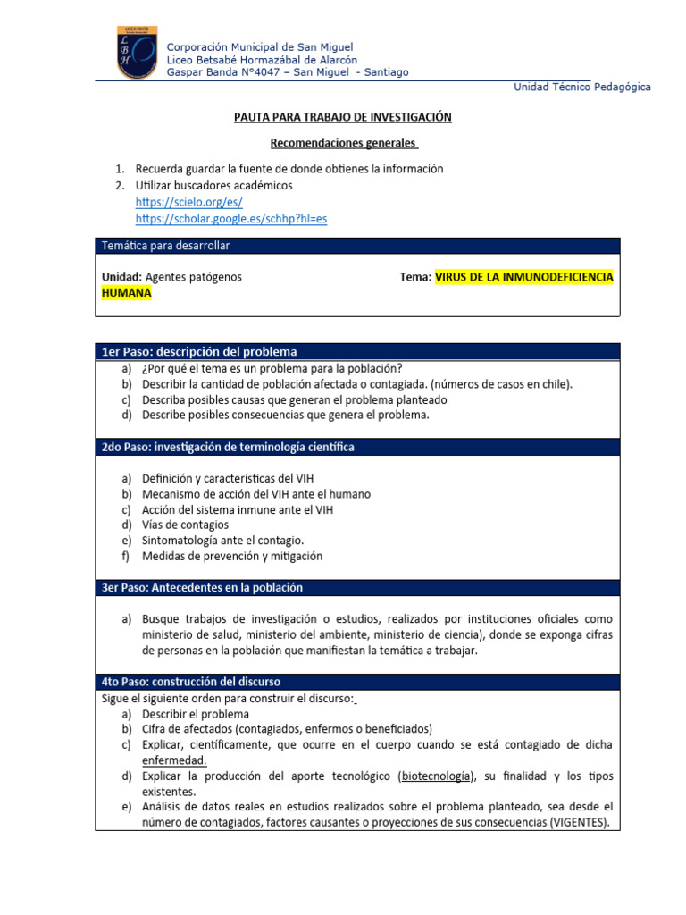 Pauta para Trabajo de Investigación | PDF | Patógeno | VIH