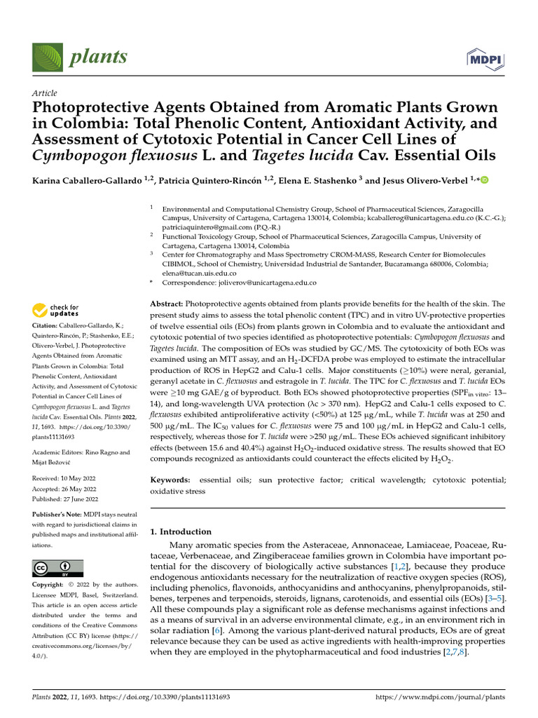Photoprotective Agents Obtained From Aromatic Plants Grown 2022 | PDF ...