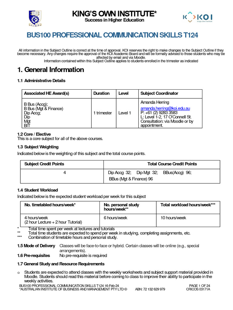 Bus100 Professional Communication Skills T1 2024 | PDF | Intelligence ...